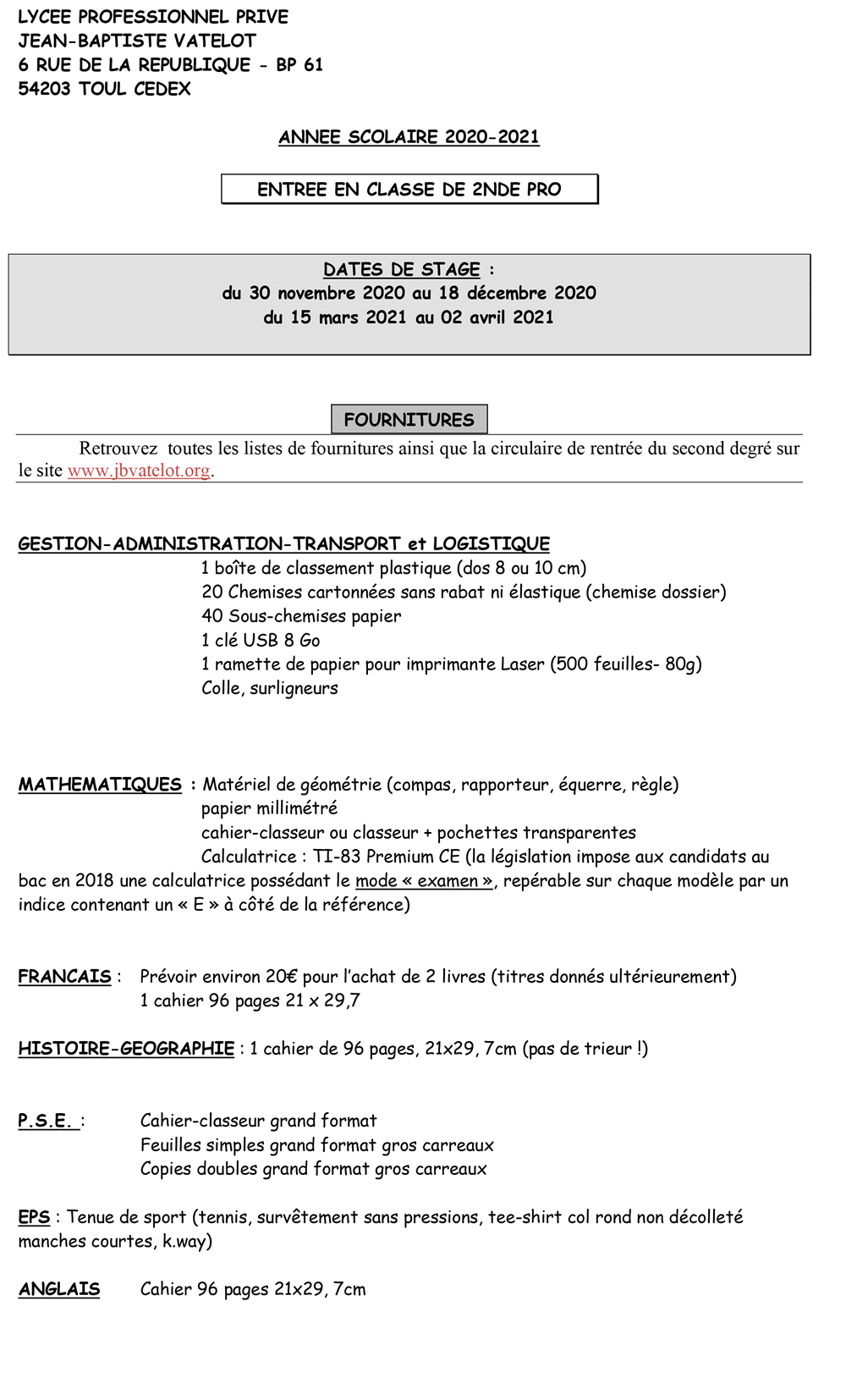 Liste de fournitures scolaire - 2nde PRO