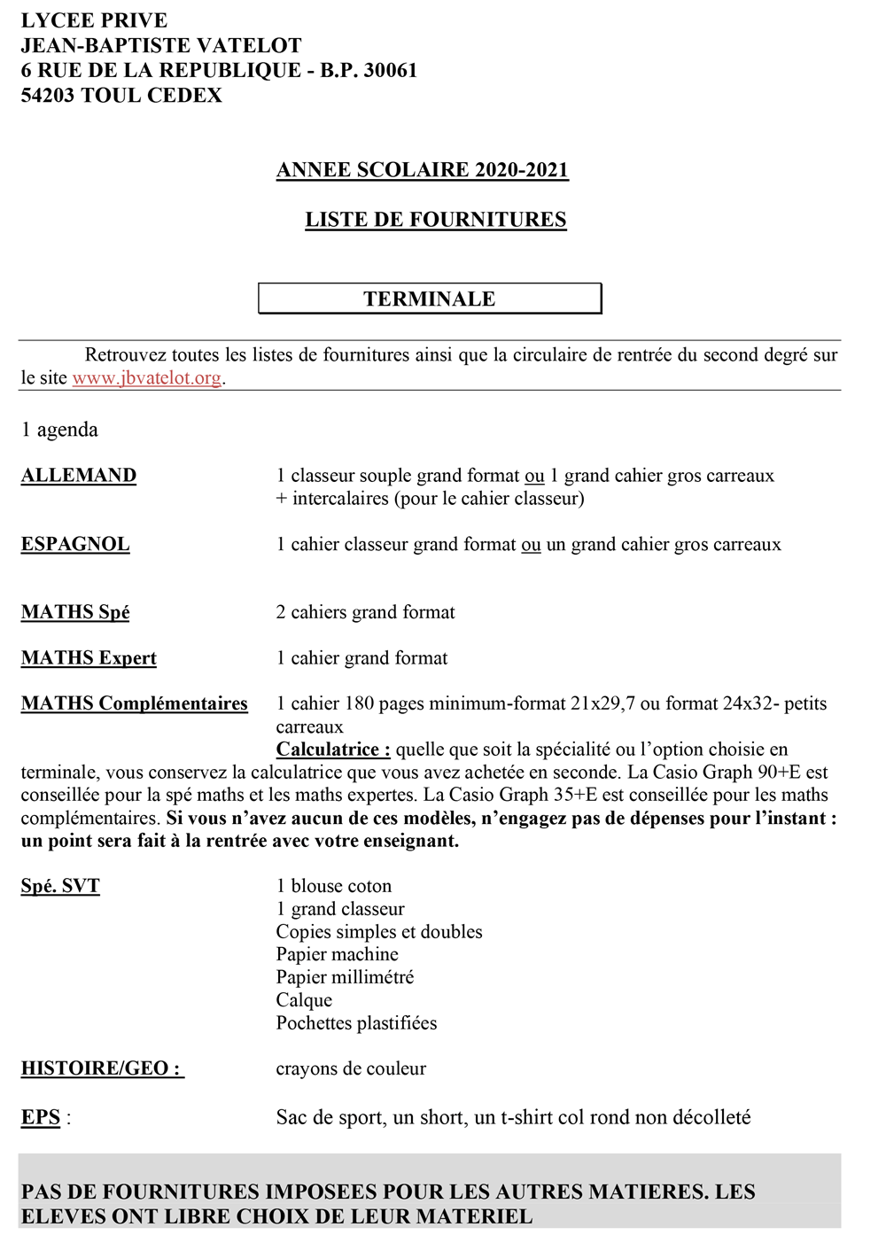 Liste de fournitures scolaire - Terminale